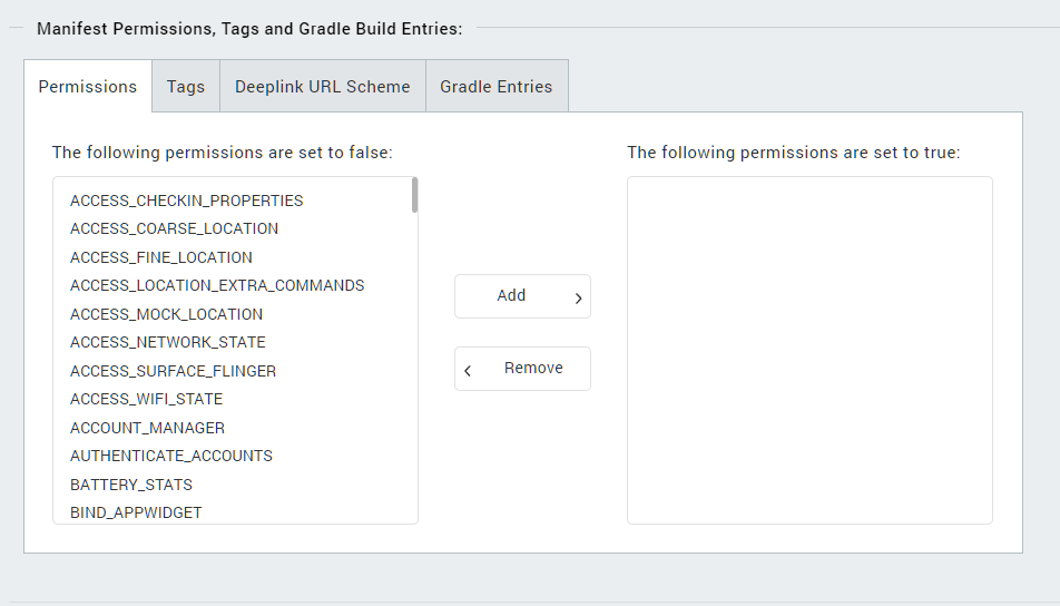 How to remove default permissions for an android application built ...